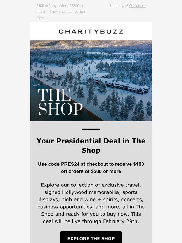 Charitybuzz: Let's celebrate President's Day together in The Shop 🏷️ ...