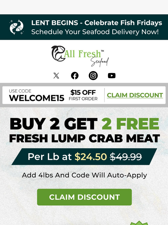 All Fresh Seafood: 🦀 Get 2lbs of FRESH lump crab meat FREE! | Milled