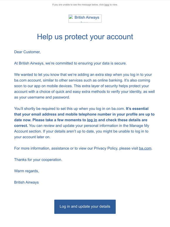 British Airways: Important update to your ba.com account login | Milled