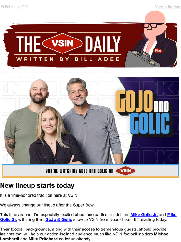 VSIN: GoJo & Golic Show Makes VSiN Debut Today / Daytona 500, Take II ...