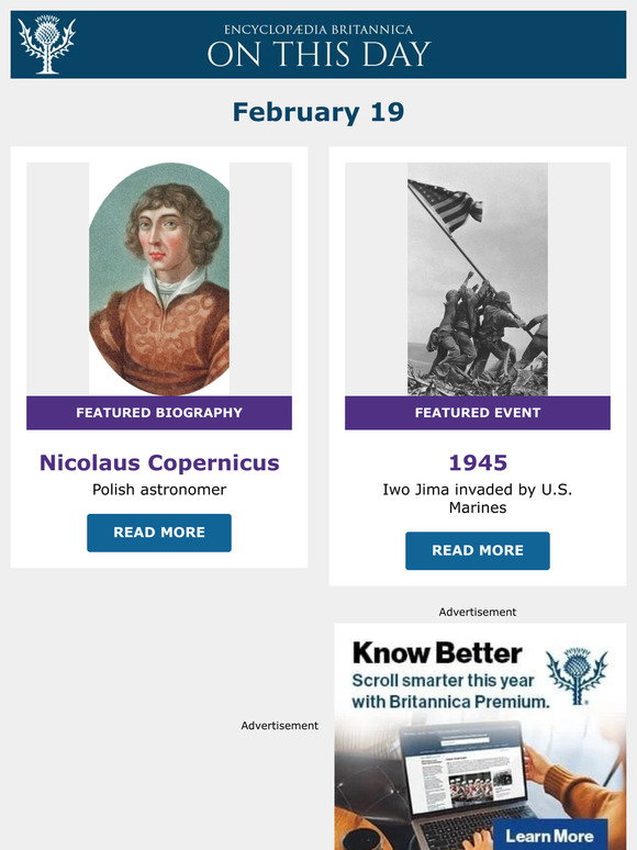 Brittanica: Iwo Jima invaded by U.S. Marines, Nicolaus Copernicus is ...