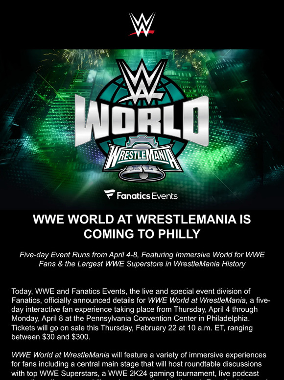 WWE Shop: WWE World at WrestleMania Tickets On Sale This Thursday! | Milled