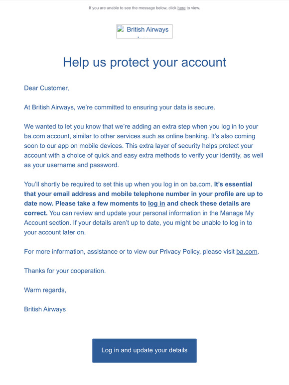 British Airways: Important update to your ba.com account login | Milled