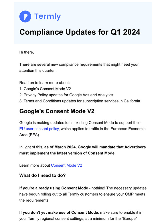 Termly: [Important] Compliance updates for Q1 2024 | Milled