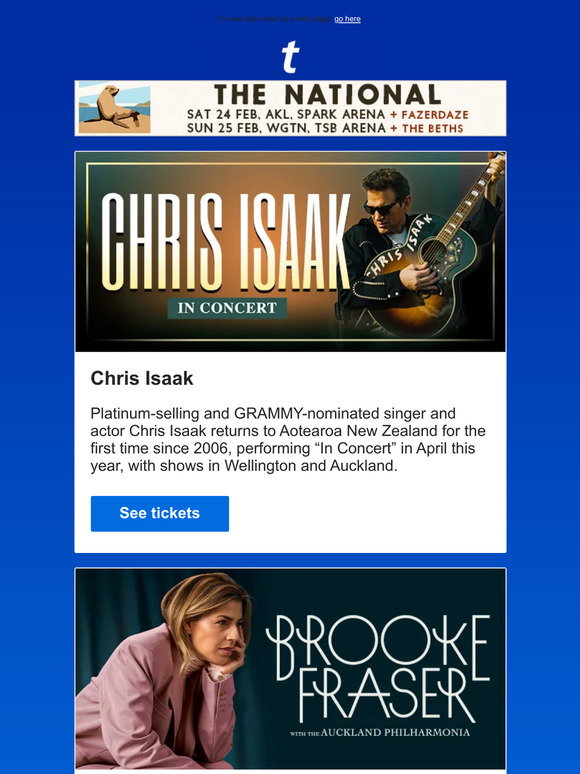Ticketmaster: Chris Isaak, Brooke Fraser plus many more! | Milled