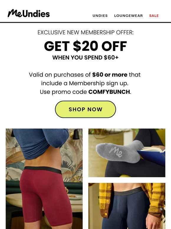 MeUndies: Become A Member & Get $20 Off When You Spend $60+ | Milled