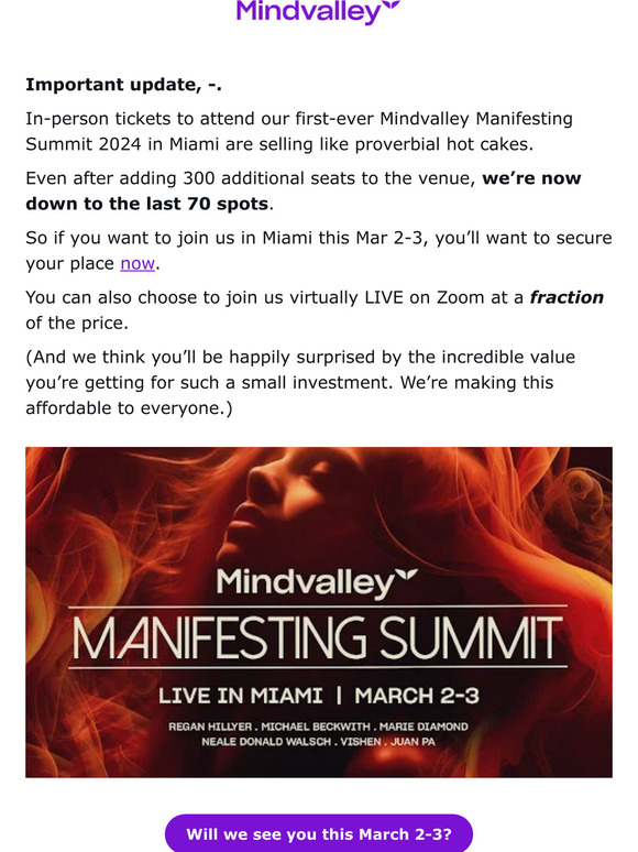 Mindvalley: Important update about our first-ever Manifesting Summit 2024 | Milled