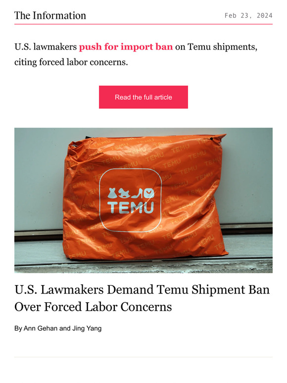 The Information: Exclusive: U.S. Lawmakers Demand Temu Shipment Ban ...