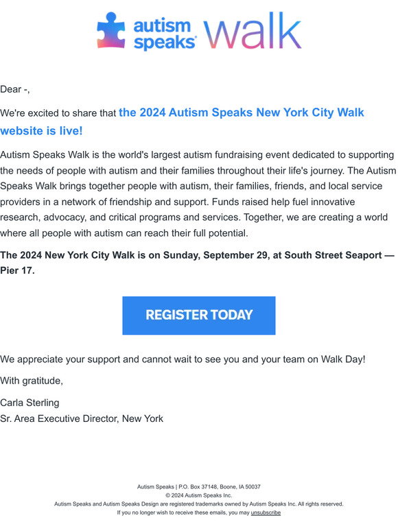 Autism Speaks: The 2024 NYC Walk website is live! | Milled