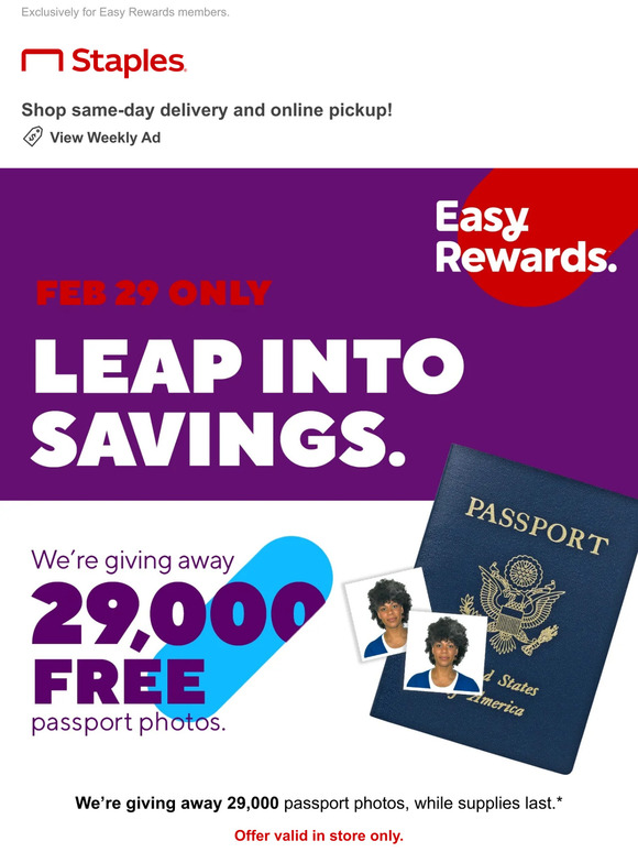 Staples: Get 🚨FREE🚨 passport photos — 2/29 only! | Milled