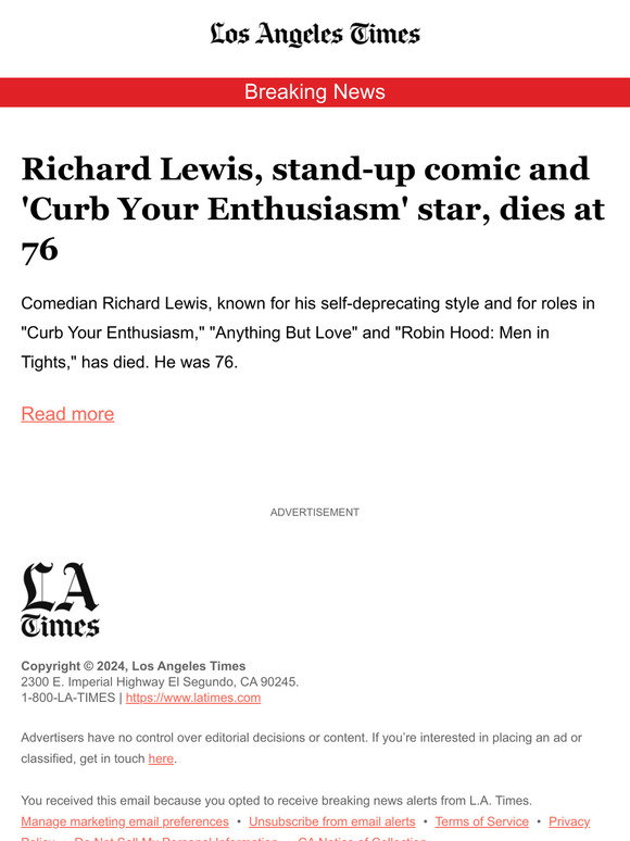 Los Angeles Times: Comedian Richard Lewis of 'Curb your Enthusiasm ...