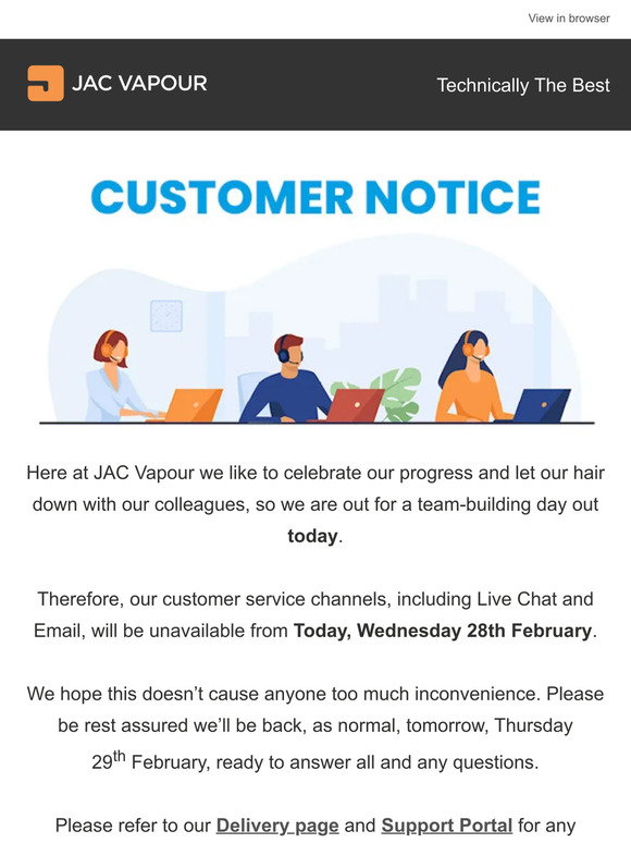 JAC Vapour: Customer Service - Notice | Milled