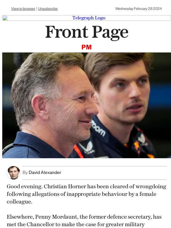 The Telegraph: Christian Horner cleared of allegations of inappropriate ...