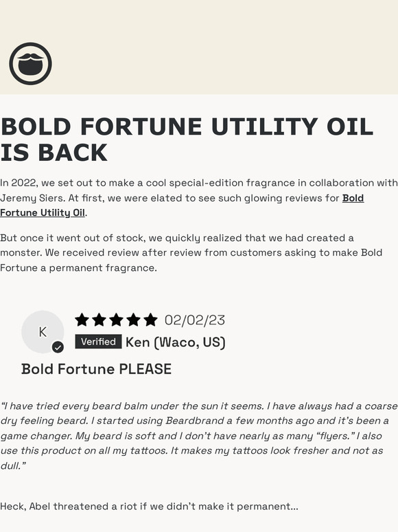 Beardbrand: Announcement: Bold Fortune Utility Oil is Back! | Milled