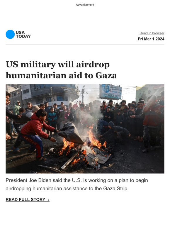 USA TODAY: Breaking: US plans to airdrop humanitarian aid to Gaza | Milled