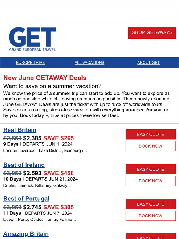 Grand European Travel: GETAWAY June & Save 15% on a trip! | Milled