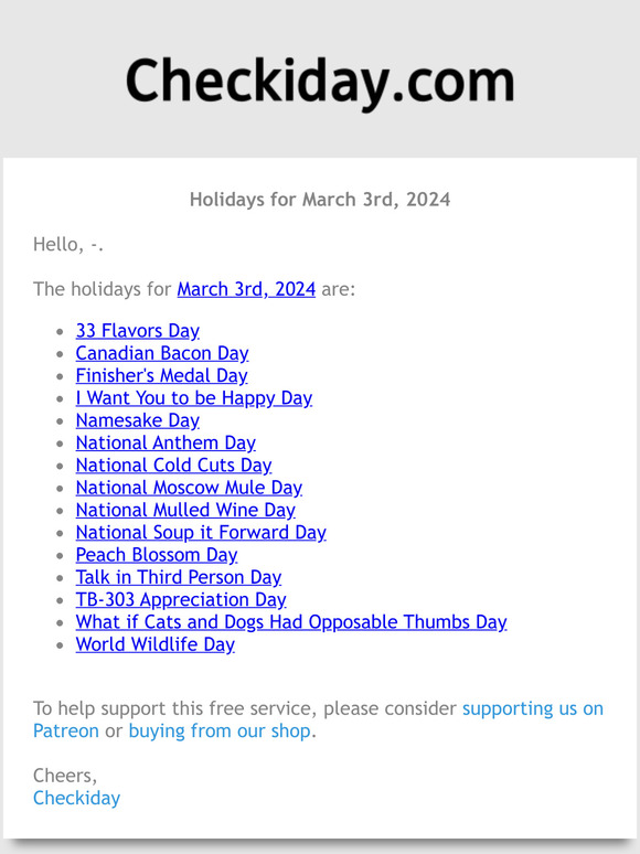 Checkiday: Holidays for March 3rd, 2024! 📅🎉 | Milled