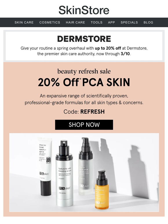 SkinStore: 20% off PCA SKIN 🥰 Dermstore’s Beauty Refresh Sale | Milled