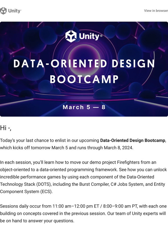Unity: Last call: Register for the Data-Oriented Design Bootcamp | Milled