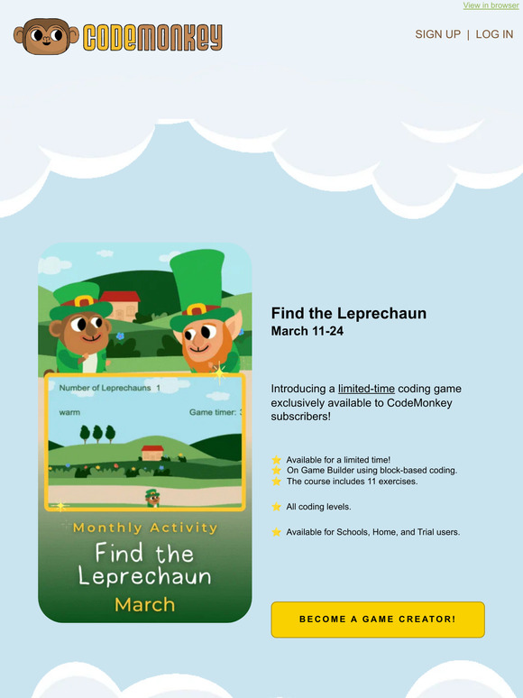CodeMonkey: Monthly Activity 🍀🐵 'Find the Leprechaun' - Limited Time!⚡ ...