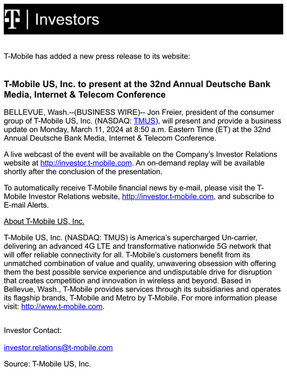 T-Mobile: T-Mobile - T-Mobile US, Inc. to present at the 32nd Annual ...