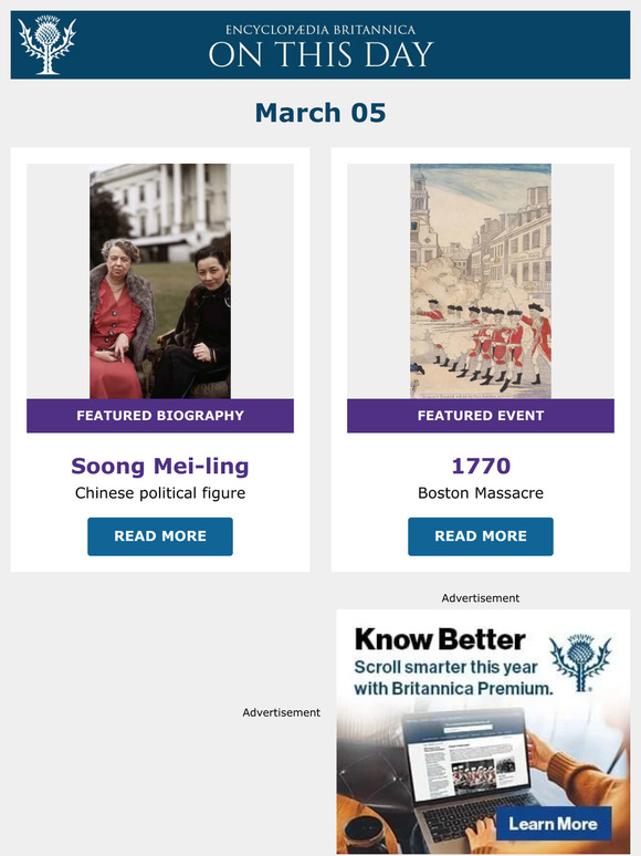 Brittanica: Boston Massacre, Soong Mei-ling is featured, and more from ...