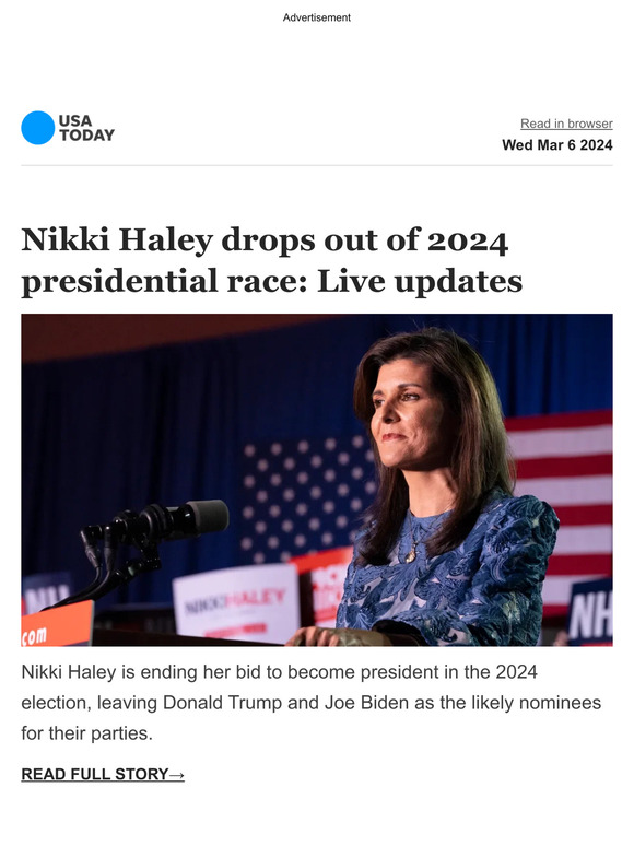 USA TODAY: Breaking: Nikki Haley drops out of presidential race. She ...