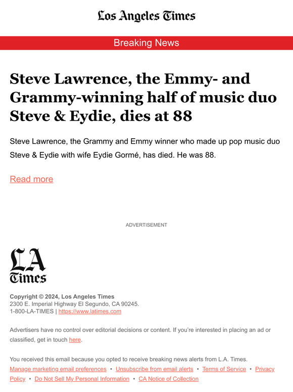 Los Angeles Times: Singer Steve Lawrence, of Steve & Eydie fame, dies ...
