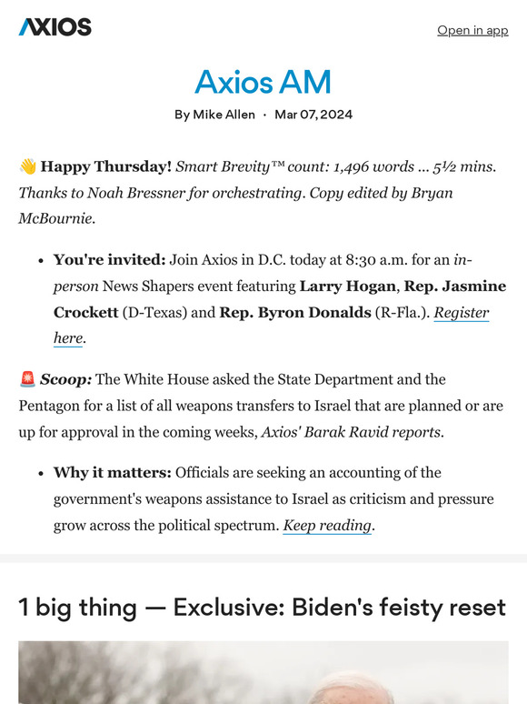 Axios: 🥊 Axios AM — Exclusive: Biden's feisty reset | Milled