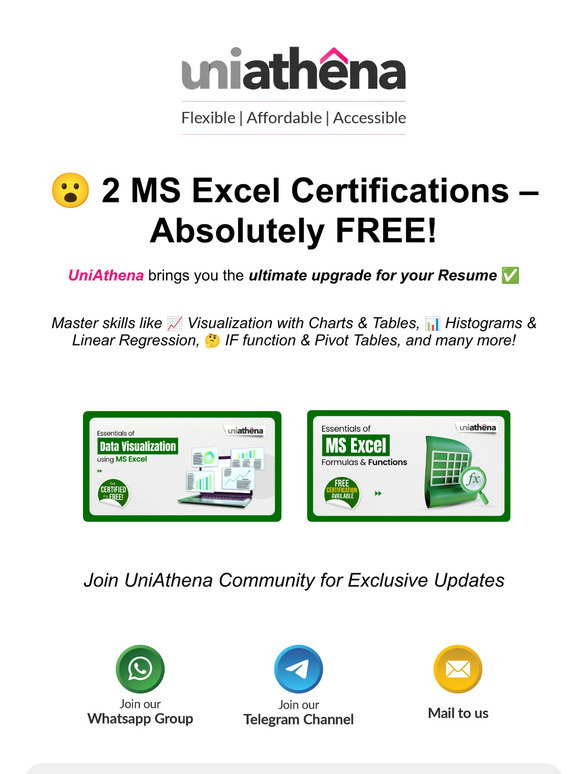 Athena: 🆓Excel in Excel: Two Free Certificates Await You! | Milled
