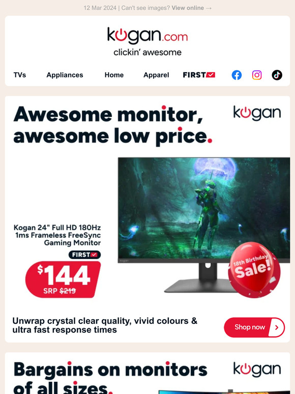 Kogan Australia: Kogan 24" 180Hz Gaming Monitor $144 & Up to 55% OFF ...