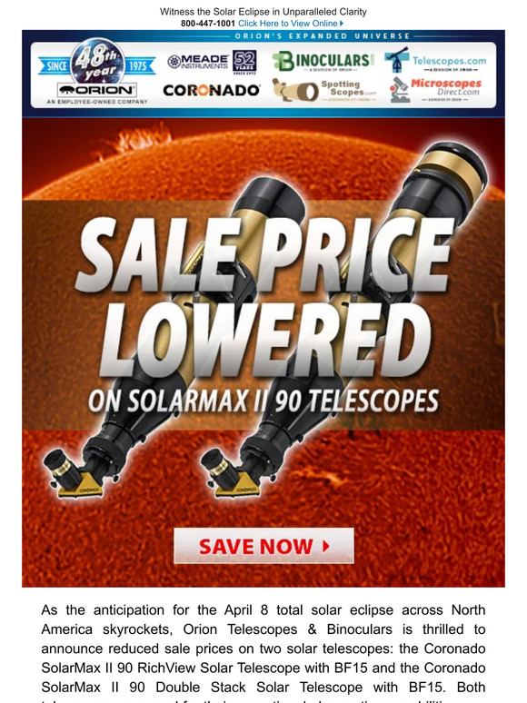 Orion Telescopes: Eclipse Ready? Spectacular Savings on Coronado ...