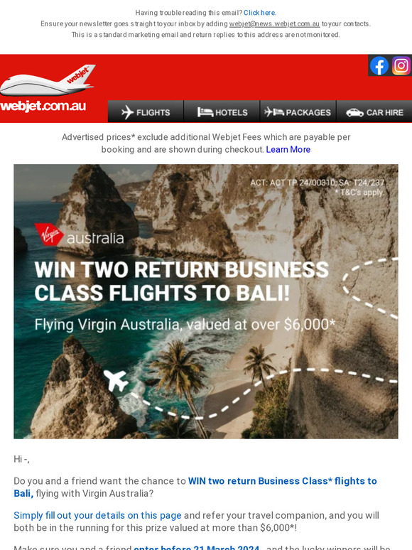 Webjet: Be in to win two return Business Class flights to Bali*! | Milled