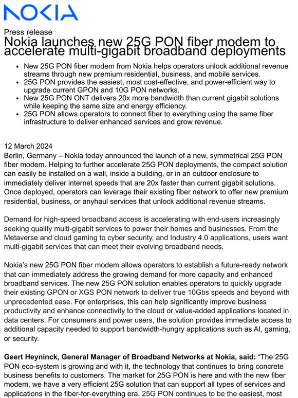 Withings: Nokia launches new 25G PON fiber modem to accelerate multi ...