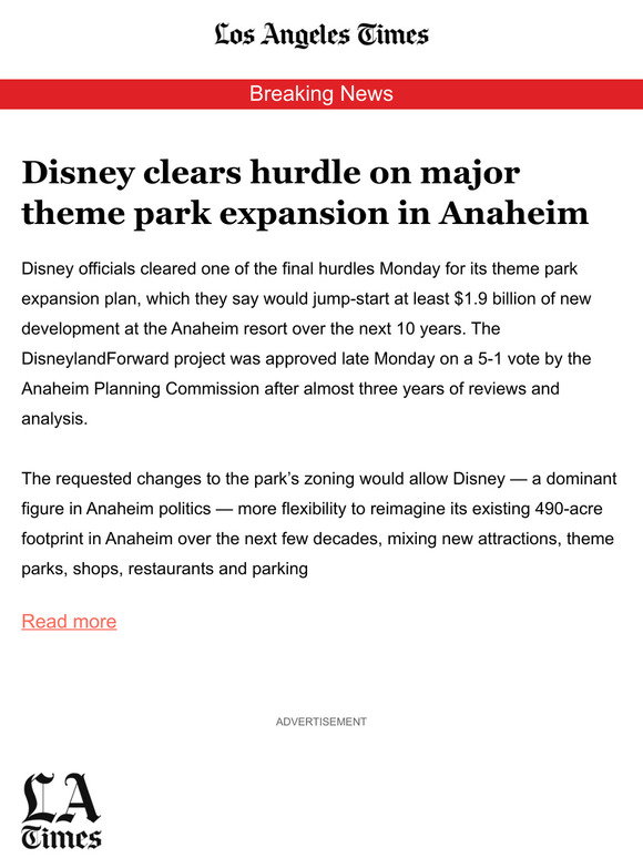 Los Angeles Times: Disney clears hurdle on major theme park expansion ...