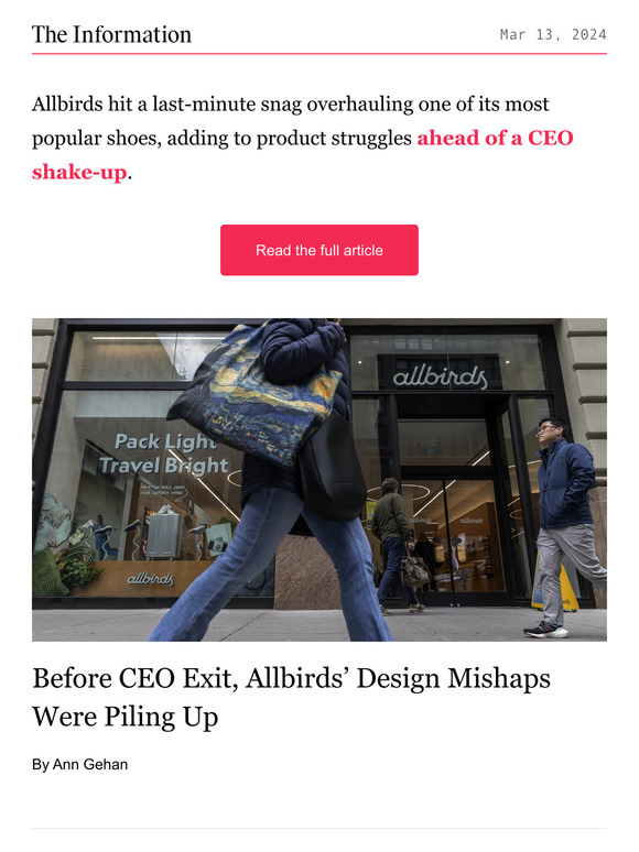The Information: Exclusive: Before CEO Exit, Allbirds’ Design Mishaps ...