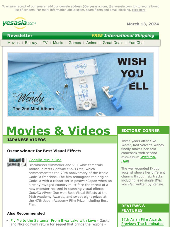 Yesasia: New at YesAsia: Wendy, Godzilla Minus One, MC Cheung, Ji Chang Wook, Wandering Earth 2 ...