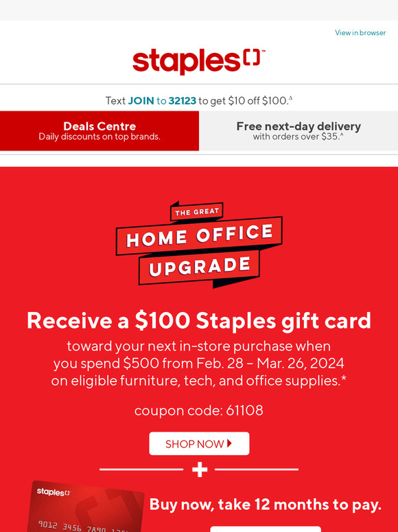 Staples: Inside: Receive a $100 Staples gift card 👀 | Milled