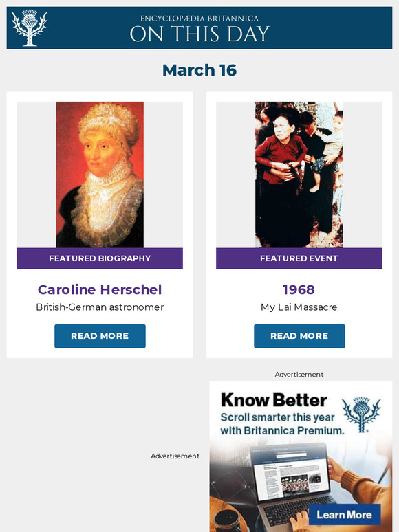 Brittanica: My Lai Massacre, Caroline Herschel is featured, and more from Britannica | Milled