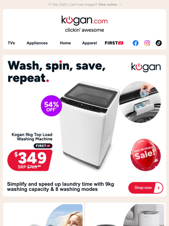 Kogan: Kogan 9kg Top Load Washing Machine $349 (Standard retail price ...