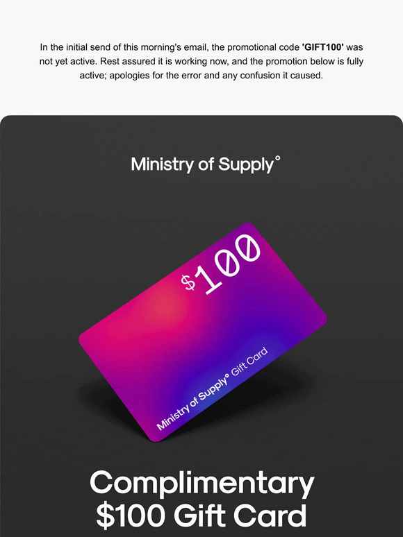 Ministry of Supply: Our error: Code GIFT100 now active | Milled