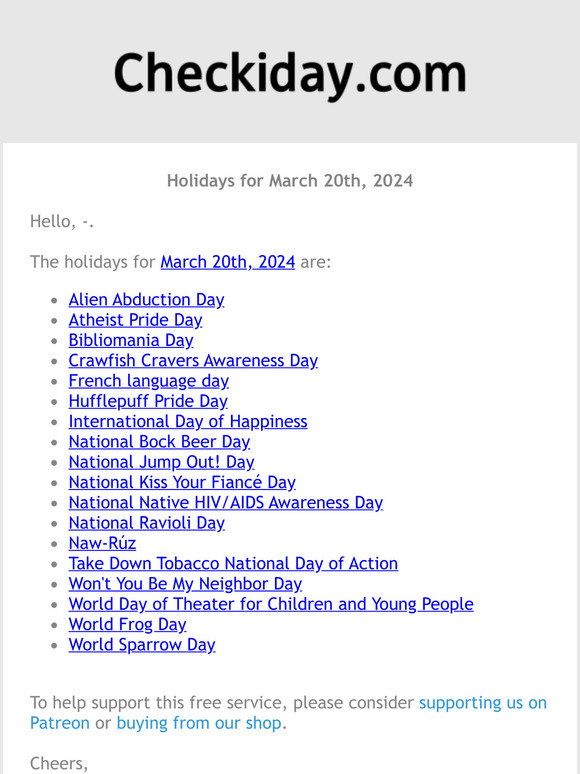 Checkiday: Holidays for March 20th, 2024! 📅🎉 | Milled