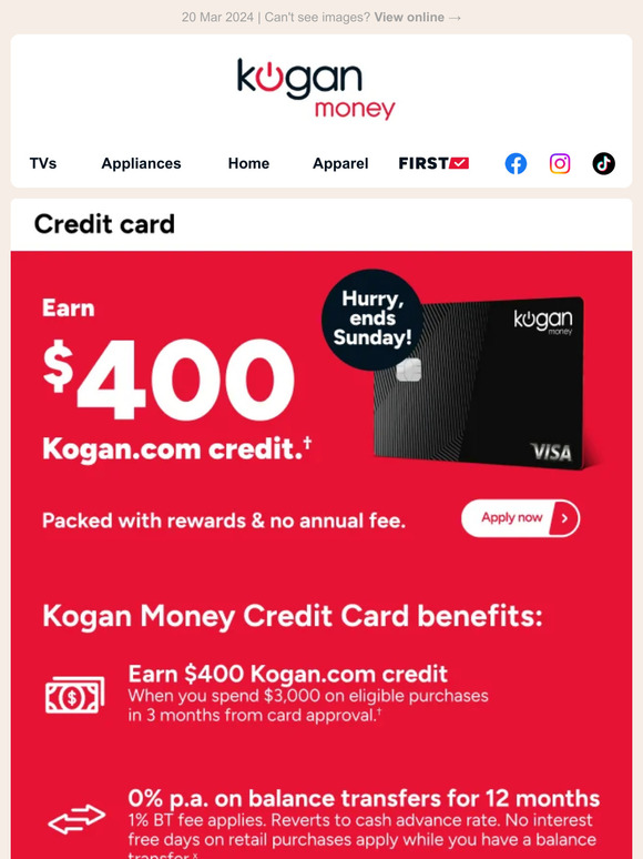 Kogan: —, Earn $400 Kogan.com Credit with the Kogan Money Credit Card ...