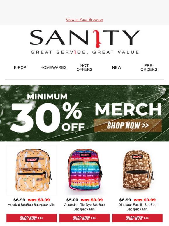 Sanity: 🌟 Save Big: Minimum 30% Off All Merchandise! | Milled
