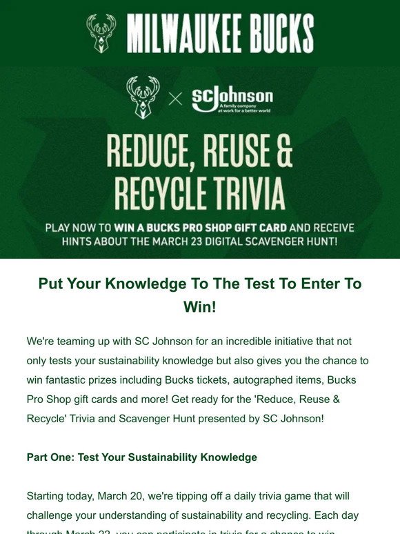 Bucks Pro Shop: Put Your Knowledge To The Test With Reduce, Reuse ...