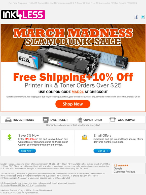 Ink4Less: March Madness Slam Dunk Sale! | Milled