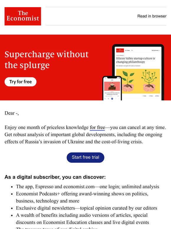 The Economist: Start your free trial today | Milled