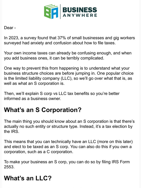 BusinessAnywhere: S Corp vs LLC Tax Benefits: All You Need To Know | Milled