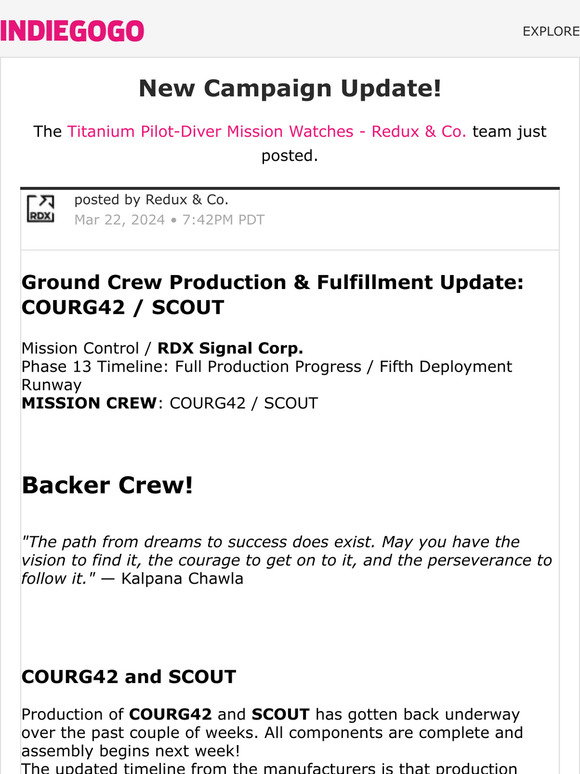 Indiegogo: 📢 Update #34 from Titanium Pilot-Diver Mission Watches ...