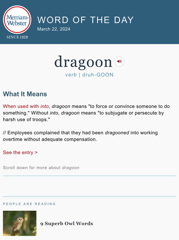 Merriam-Webster: Dragoon - plus, 9 Superb Owl Words | Milled